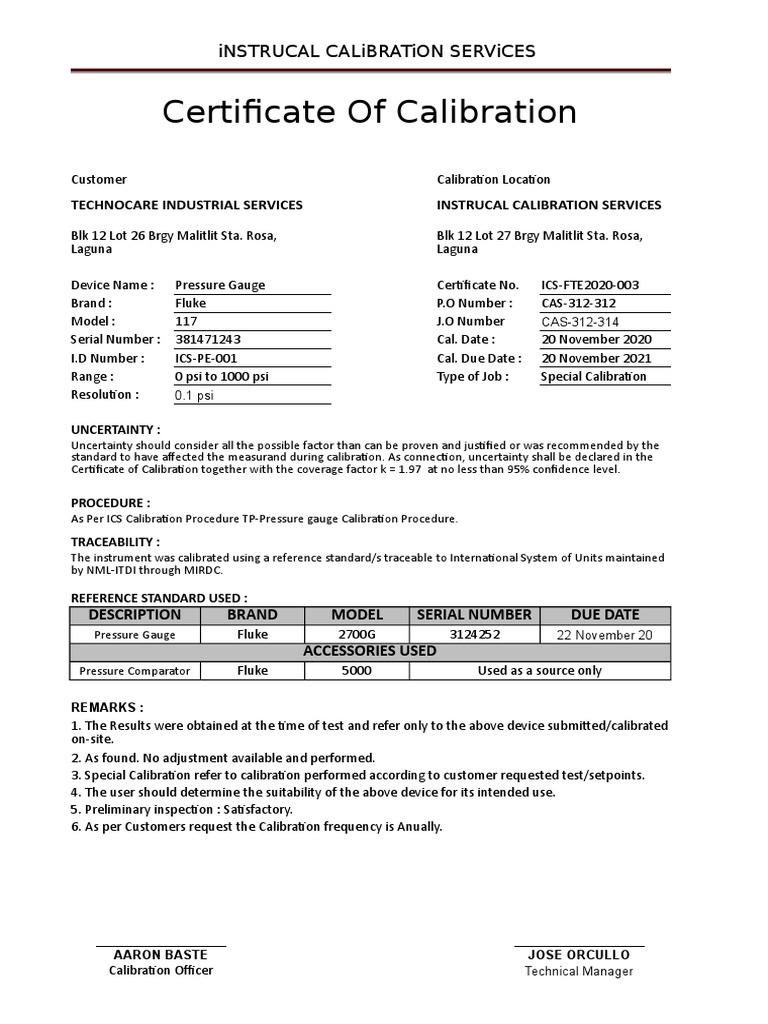 Cal Cert Format | PDF | Calibration | Manufactured Goods