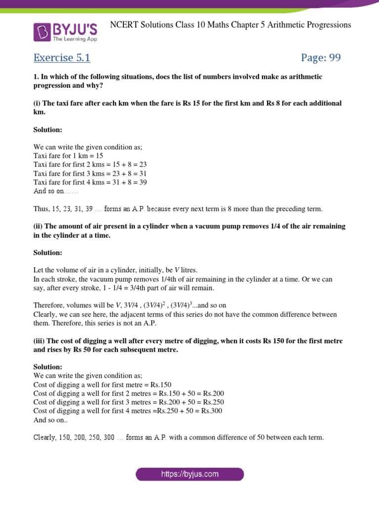 NCERT Solution For CBSE Class 10 Maths Chapter 5 Arithmetic Progressions PDF | PDF ...