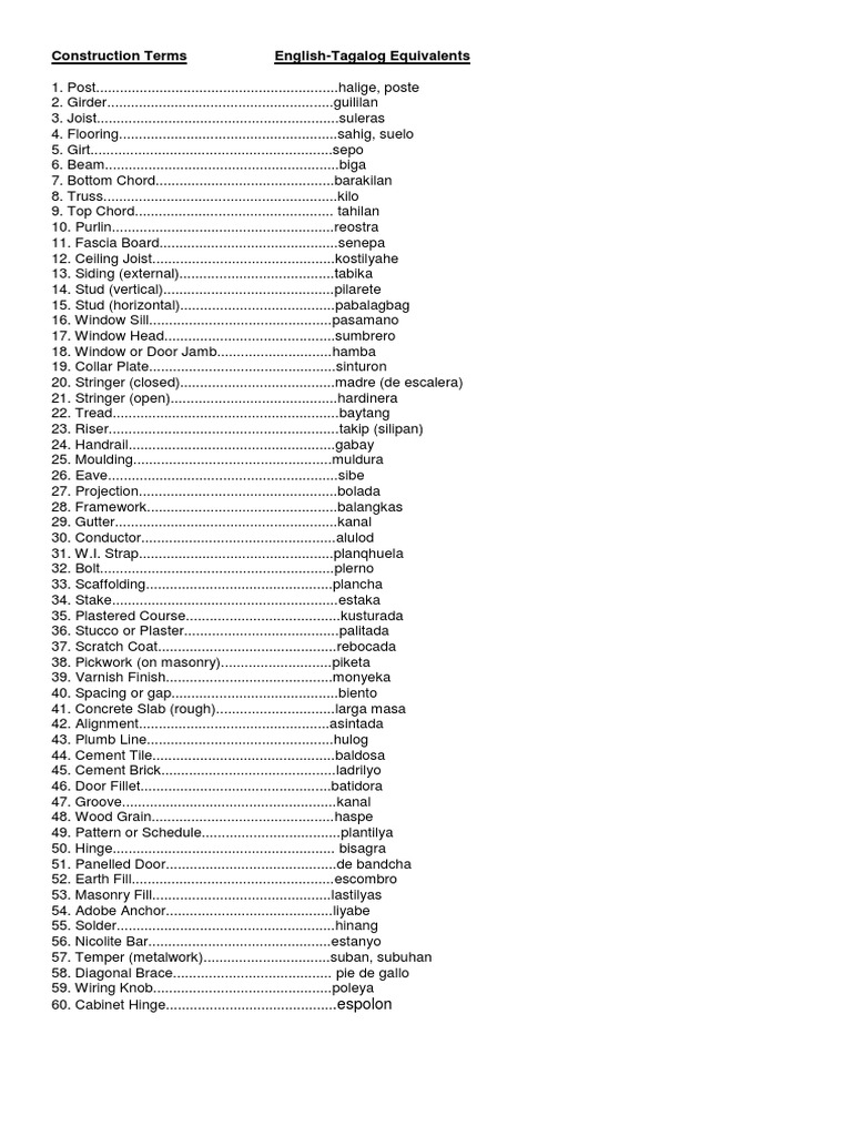 Tagalog Construction Terms | PDF | Truss | Masonry