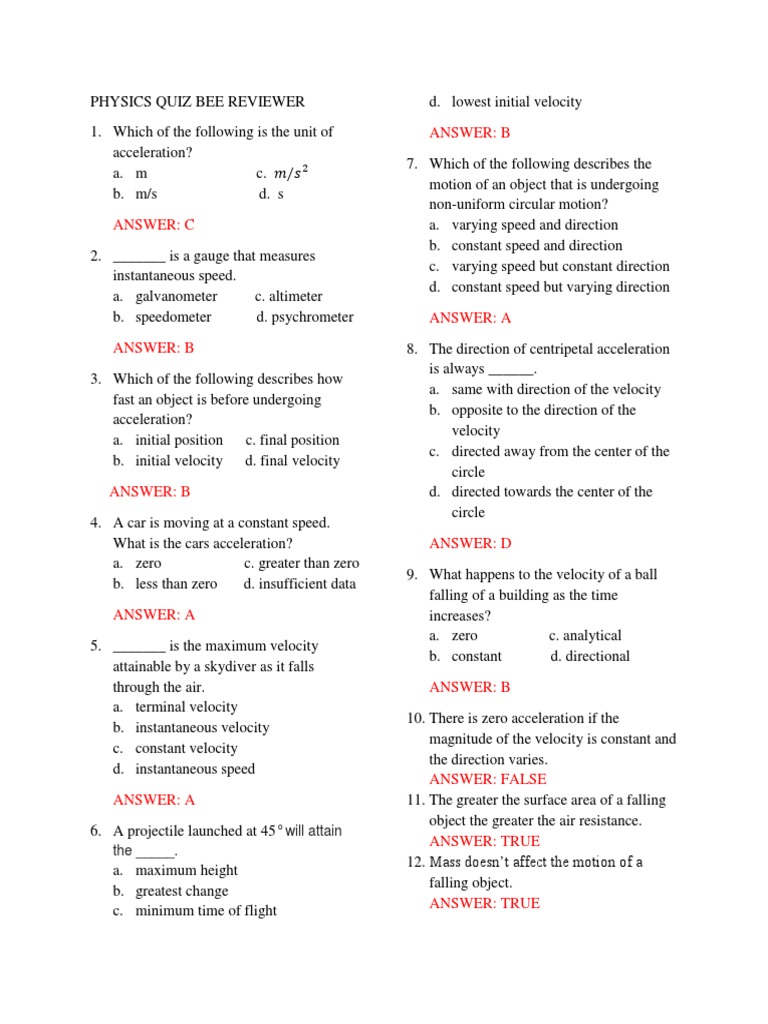 PHYSICS - Quiz Bee Reviewer | PDF | Acceleration | Velocity