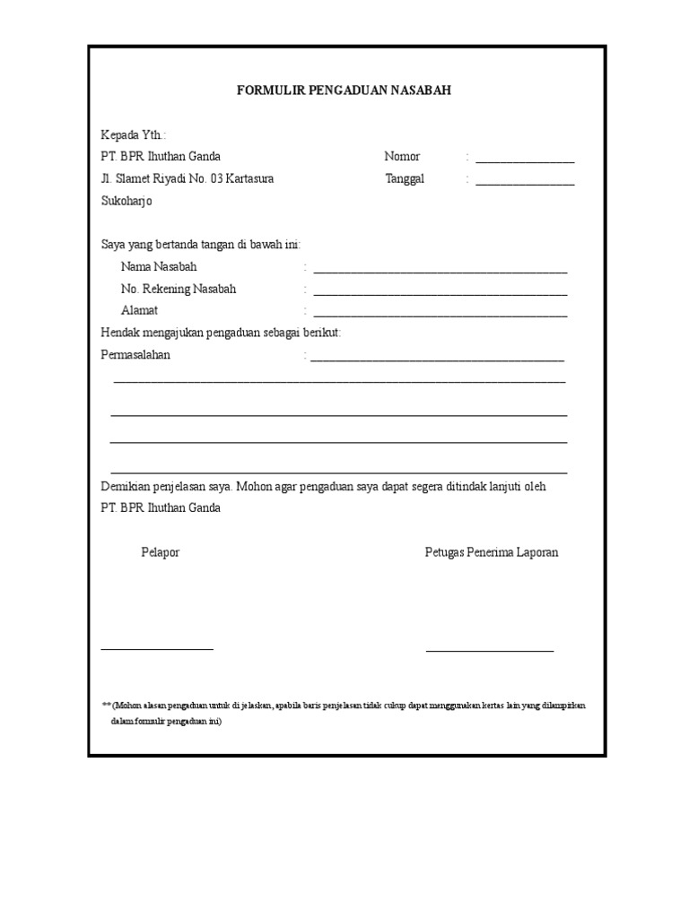 Formulir Pengaduan Dan Pengajuan Nasabah | PDF