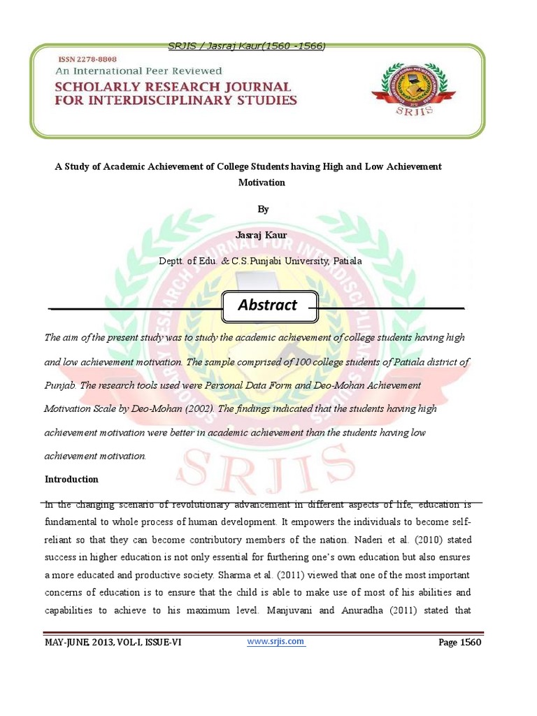 A Study of Academic Achievement of College Students Having High and Low ...