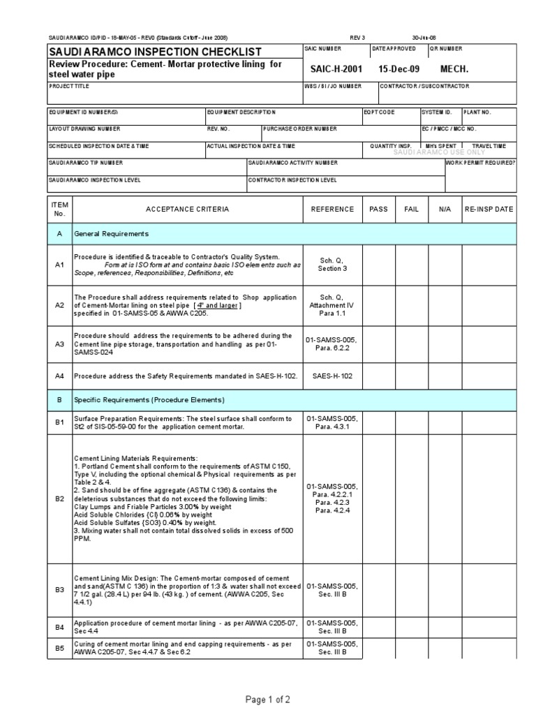 Saudi Aramco Cement Lining Procedure | PDF