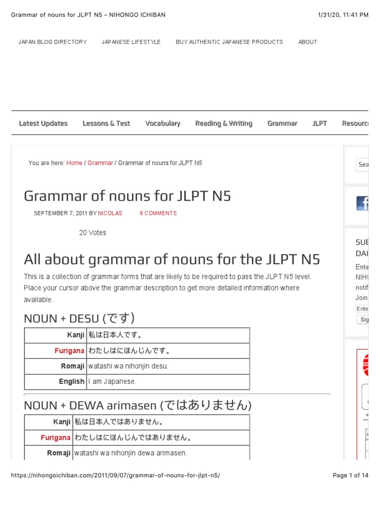 Grammar of Nouns For JLPT N5 (Small) | PDF | Japanese Language ...