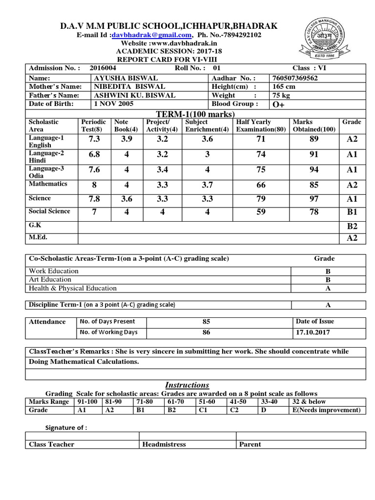 Report Card Dav Final 6-8 | PDF | Physical Education | Science