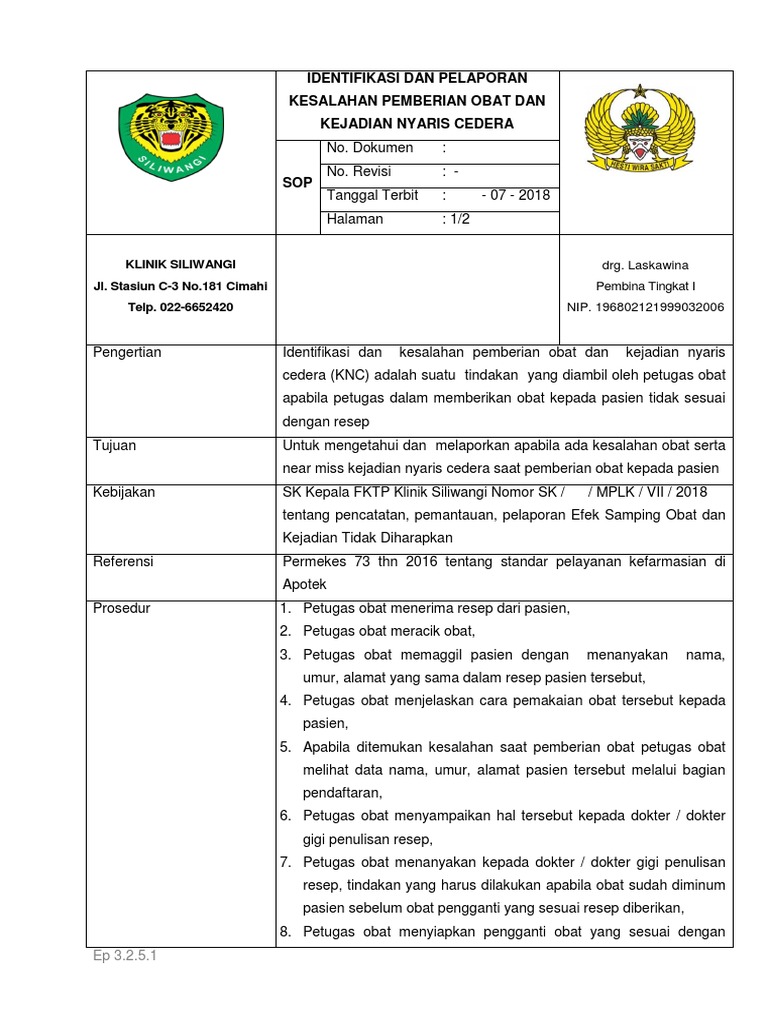 3.2.5.1 Sop Identifikasi Dan Pelaporan Kesalahan Pemberian Obat Dan Kejadian Nyaris Cedera | PDF