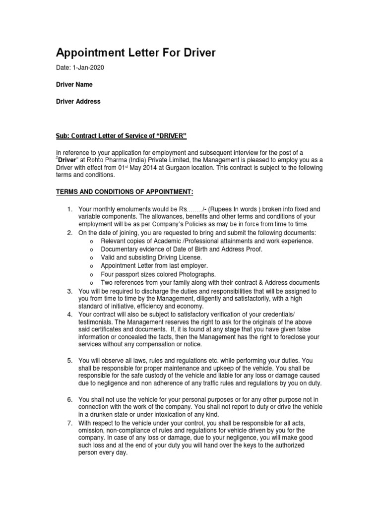 Driver Appointment Letter Template | PDF | Negligence | Overtime