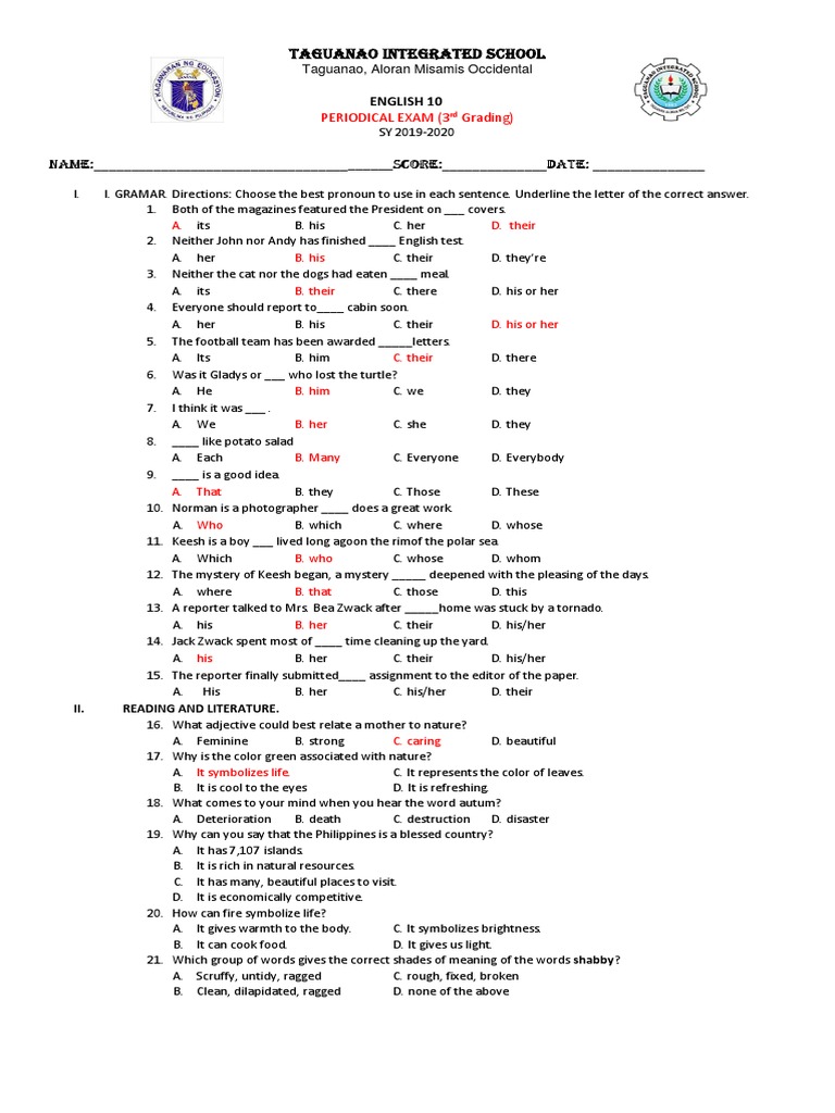 3rd GRADINg Exam Answer Key | PDF | Linguistic Typology | Syntax