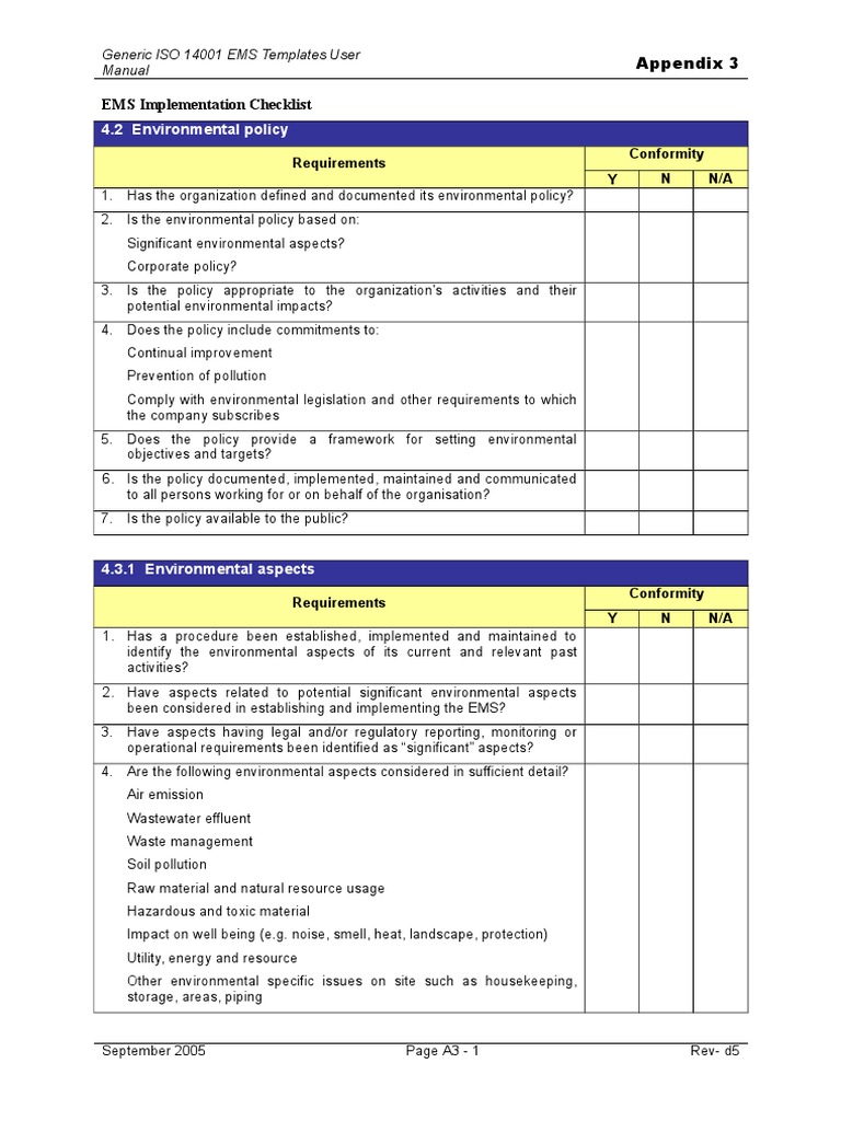 Appendix 3 EMS AUDIT CHECKLIST | PDF | Environmental Law | Regulatory ...