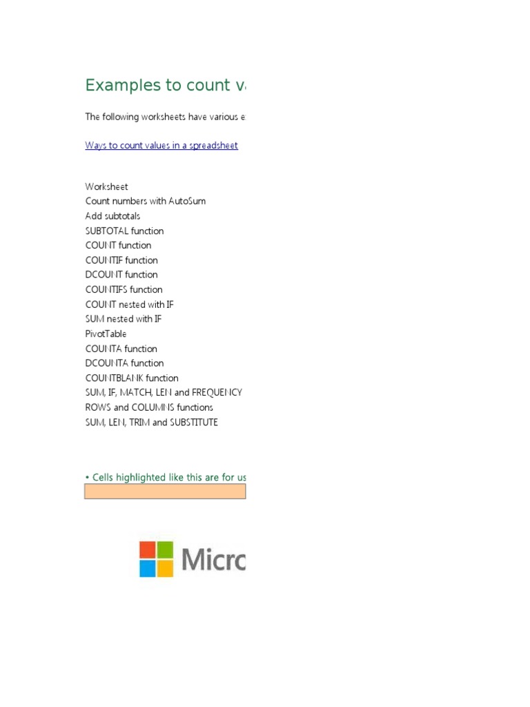 Examples To Count Values in An Excel Spreadsheet | PDF | Spreadsheet | Incremental Computing