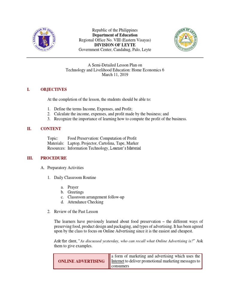 Lesson Plan-Grade 6 TLE | PDF | Advertising | Lesson Plan