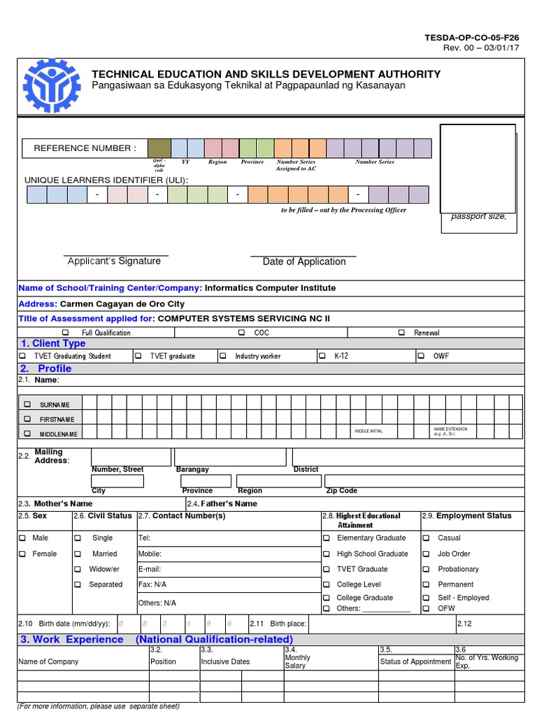 Tesda Application Form | PDF | Learning | Business