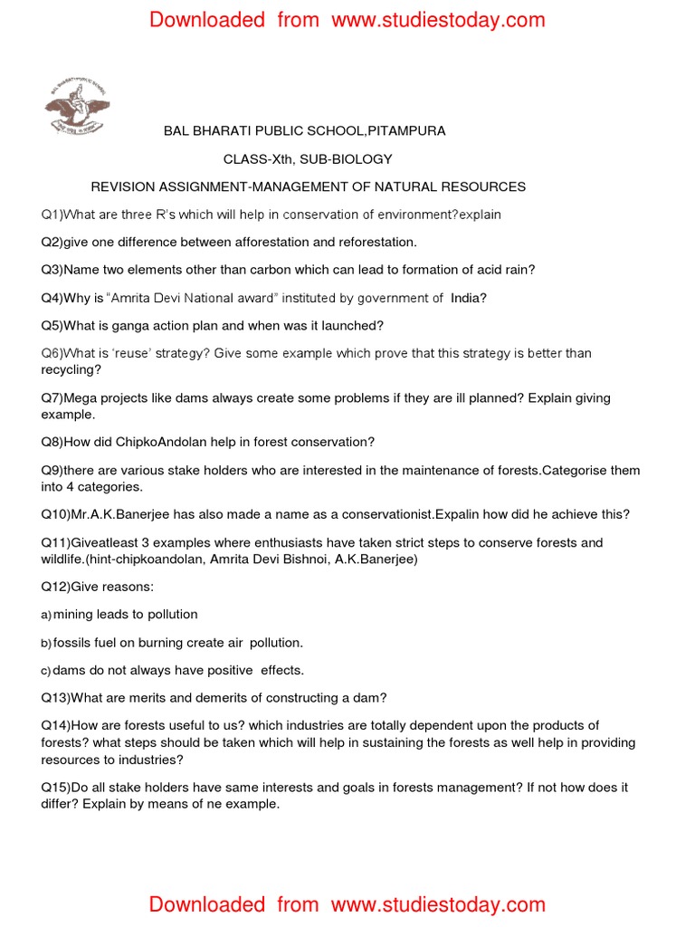 CBSE Class 10 Biology - Management of Natural Resources | PDF