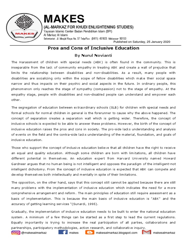 Pros and Cons of Inclusive Education | PDF | Inclusion (Education ...