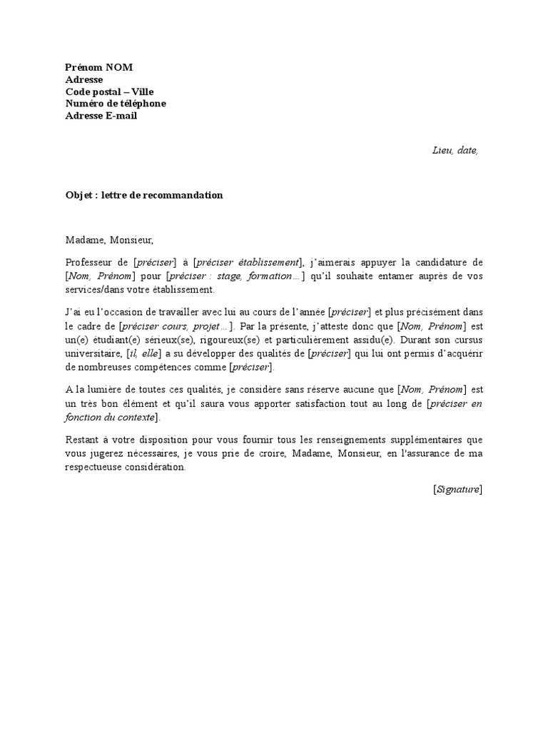 Lettre Recommandation Prof Pour Etudiant | PDF | Évolution de carrière