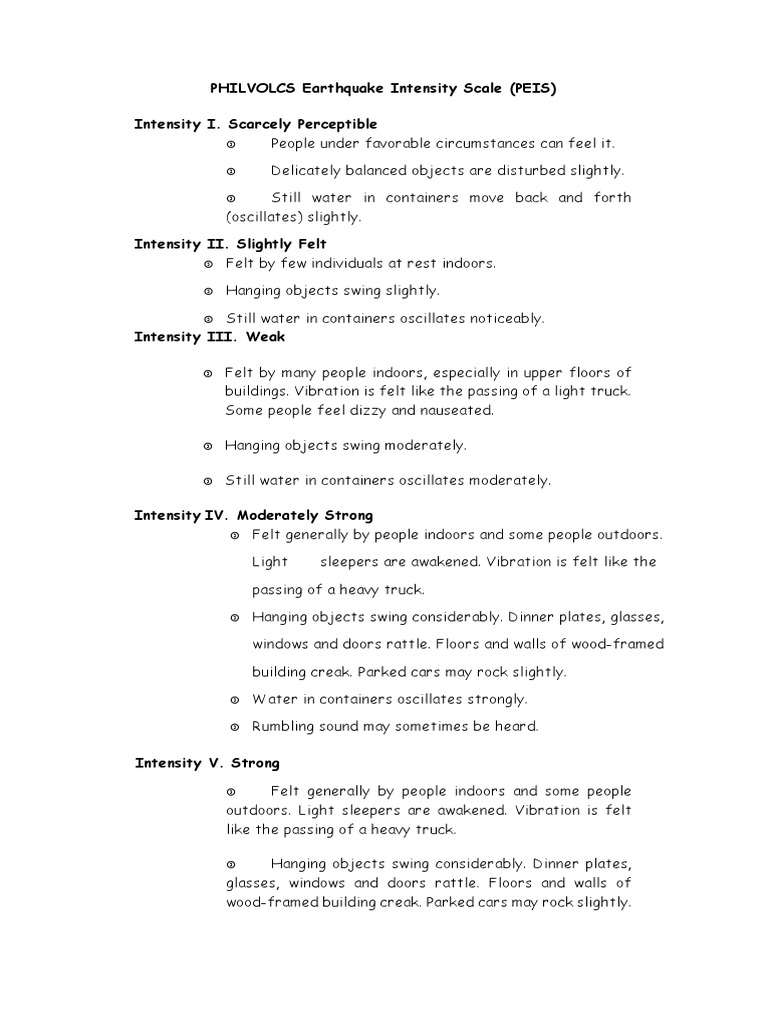PHILVOLCS Earthquake Intensity Scale | PDF | Earthquakes | Plate Tectonics