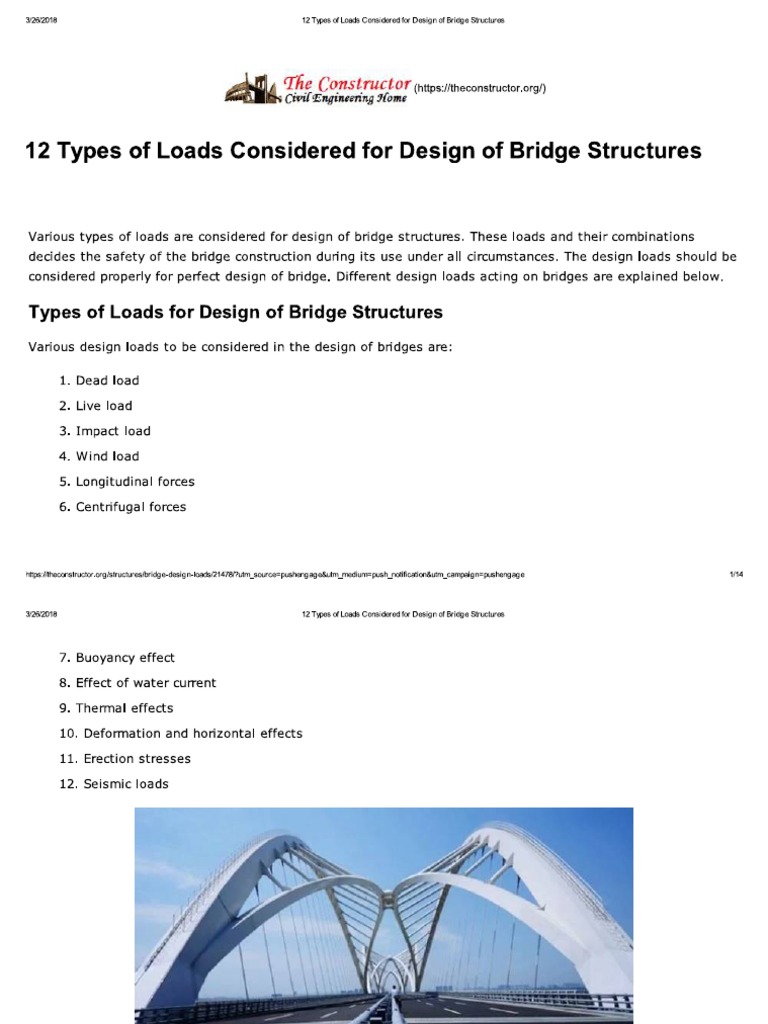 12 Types of Loads Considered For Design of Bridge Structures | PDF