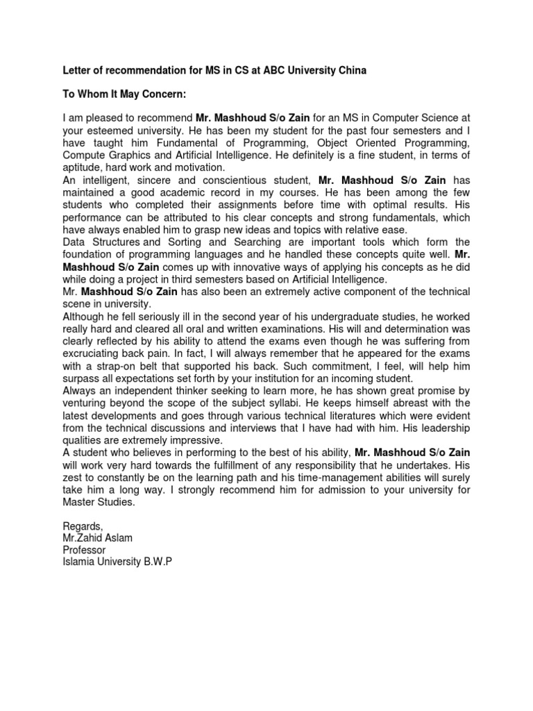 Letter of Recommendation For Ms | PDF | Computer Science | Intelligence