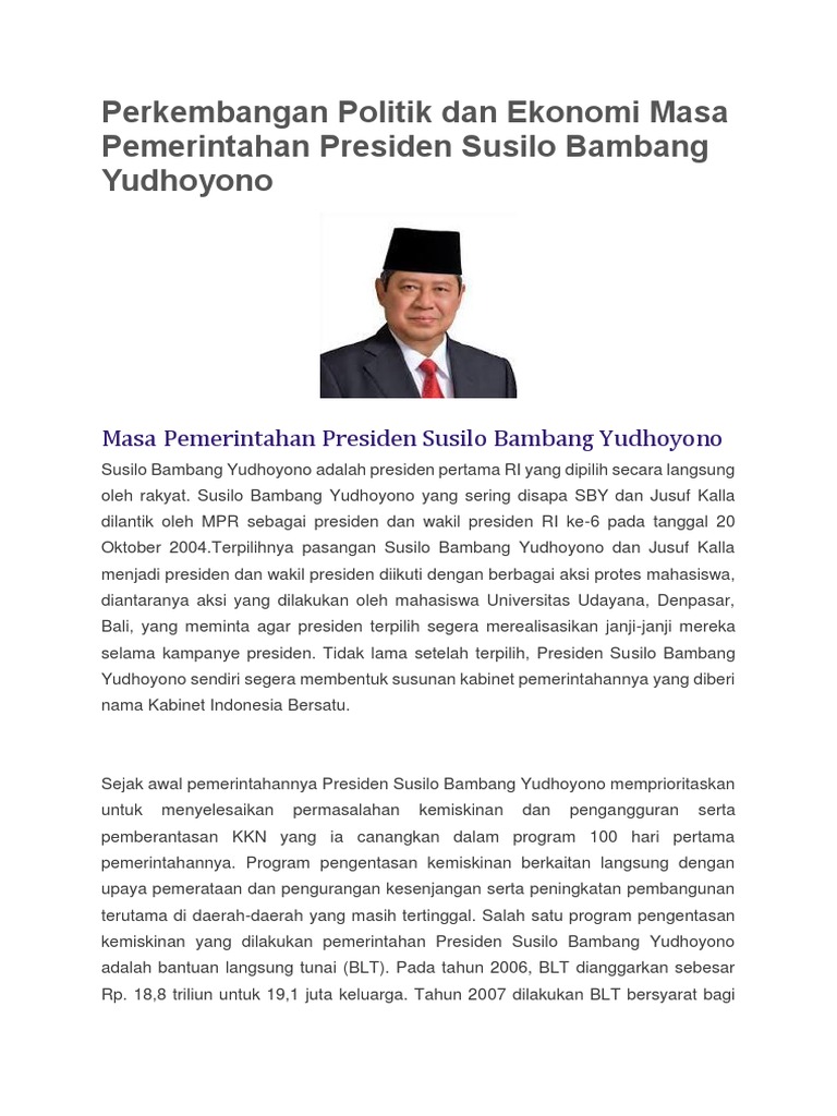 Perkembangan Politik Dan Ekonomi Masa Pemerintahan Presiden Susilo Bambang Yudhoyono | PDF