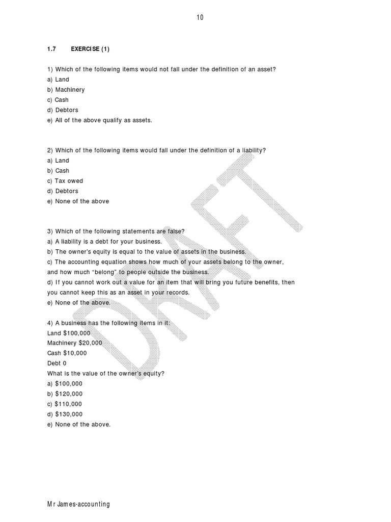PDF - BASIC ACCOUNTING-CHAPTER-1 (Questions) | Download Free PDF | Equity (Finance) | Liability ...