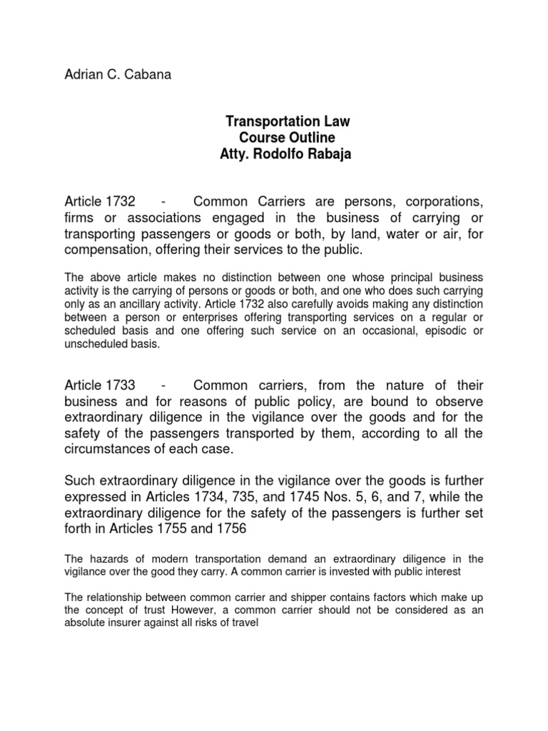 Transportation Law - Course Outline | PDF | Common Carrier | Legal ...