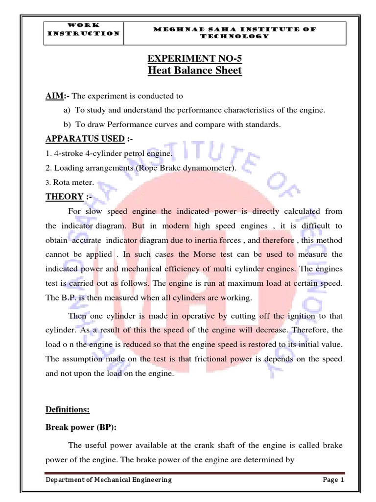 Exp-5 Heat Balance Sheet PDF | PDF | Engines | Brake