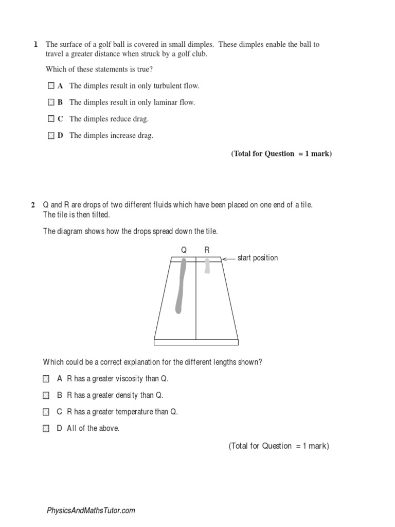 Density, Viscosity & Drag (Multiple Choice) QP | PDF | Viscosity | Drag (Physics)