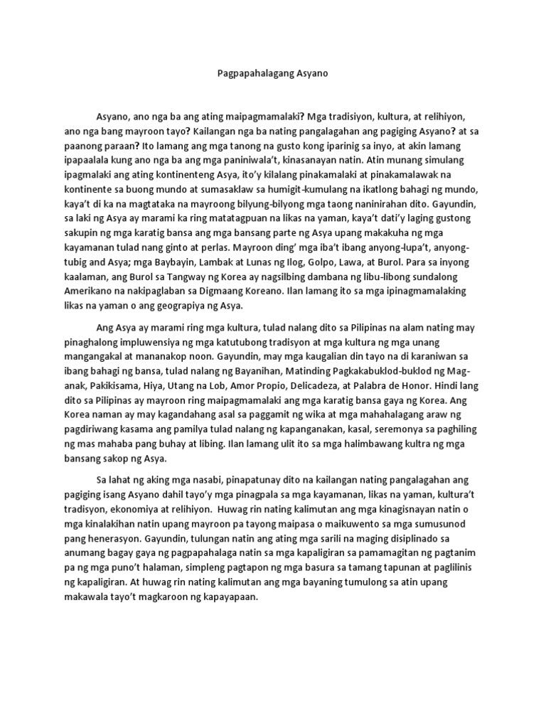 Pagpapahalagang Asyano (Filipino Project) | PDF