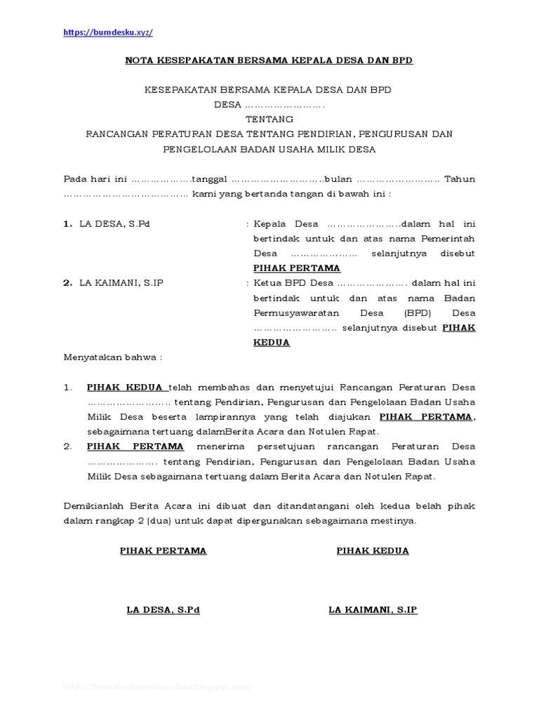 NOTA KESEPAKATAN BERSAMA KEPALA DESA DAN BPD Tentang RANCANGAN PERATURAN DESA TENTANG PENDIRIAN ...