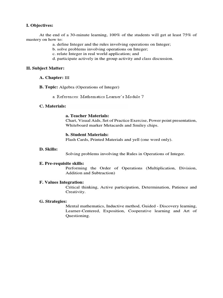 Detailed Lesson Plan in Operation On Integer | PDF | Subtraction ...