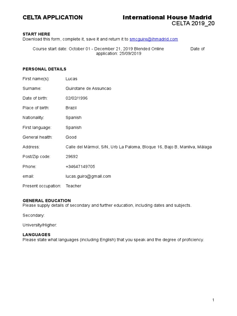 CELTA Application 2019T4 | PDF | Teachers | Cognitive Science