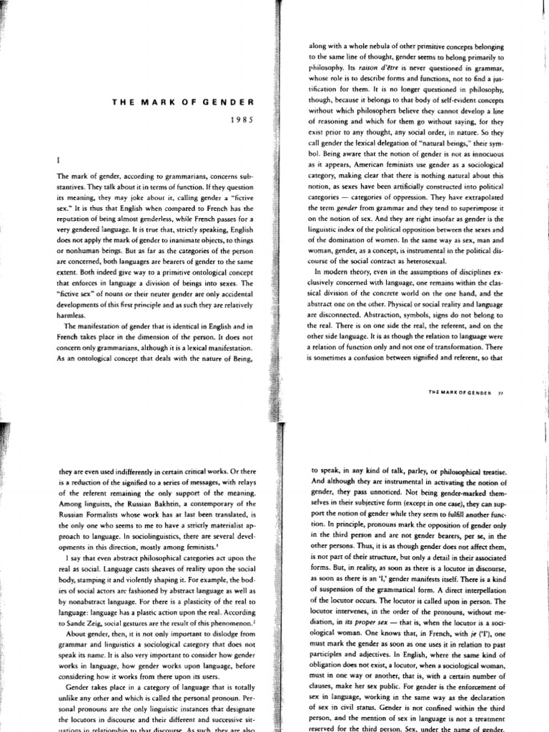 Wittig Mark of Gender | PDF | Grammatical Gender | Gender