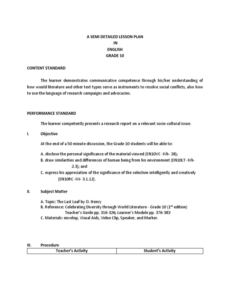 A Semi Detailed Lesson Plan | PDF | Lesson Plan | O. Henry