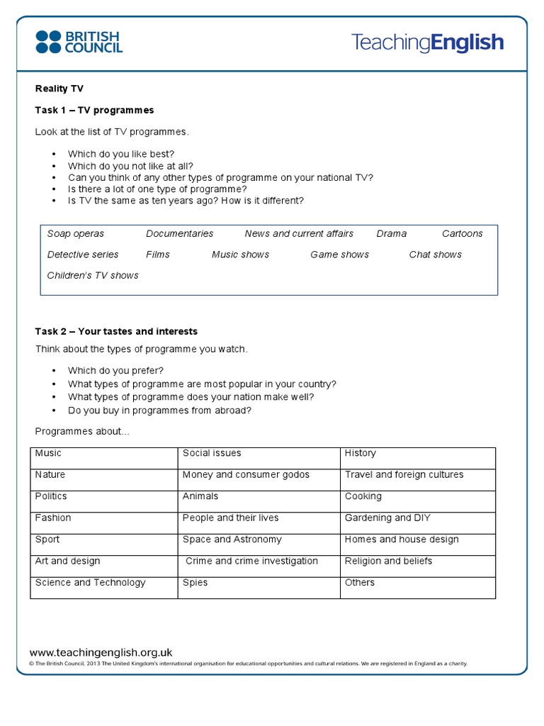 Reality TV Student Worksheet PDF | PDF | Reality Television | Television