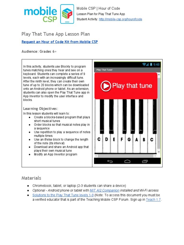 Mobile CSP: Play That Tune Lesson Plan | PDF | Mobile App | Android ...