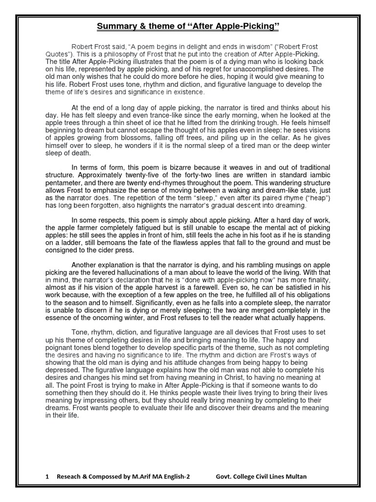 Summary & Theme of "After Apple-Picking" PDF | PDF | Poetry | Sleep