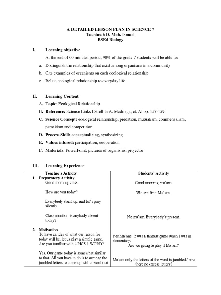 Grade 7 Lesson Plan: Ecological Relationships | PDF | Symbiosis ...