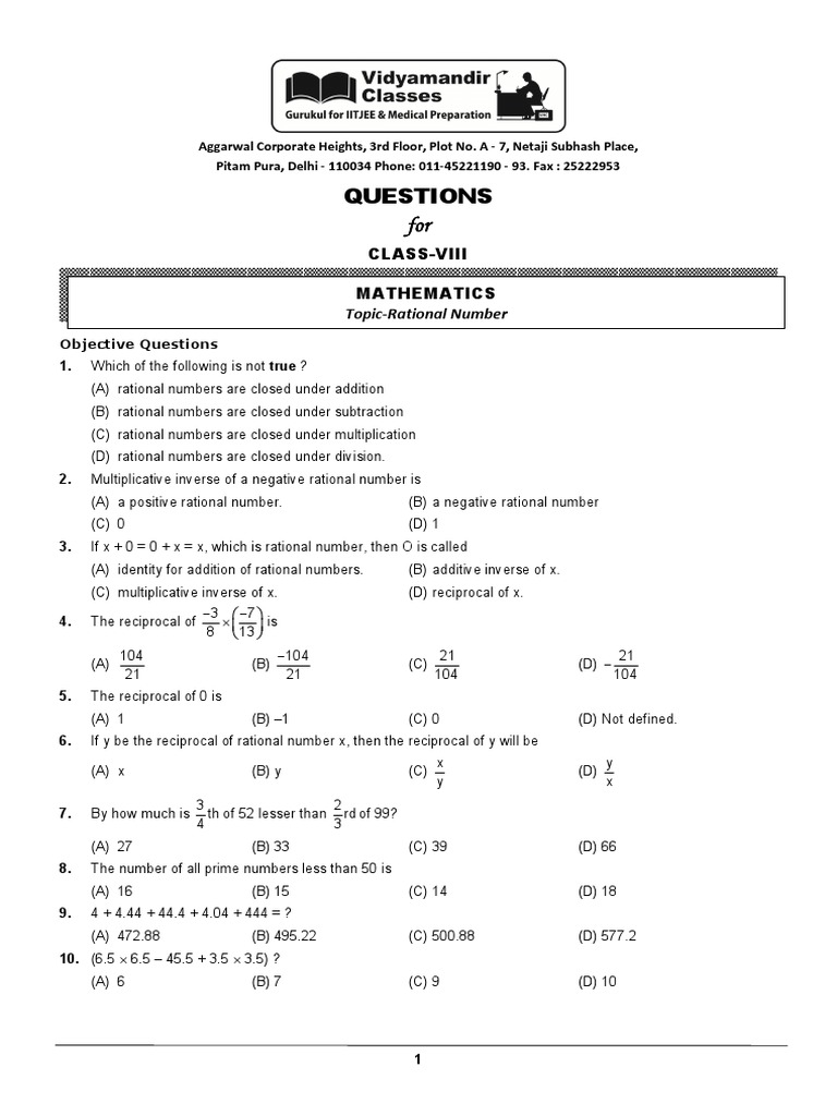 VMC Class 8 Maths Assignment | PDF | Rectangle | Numbers