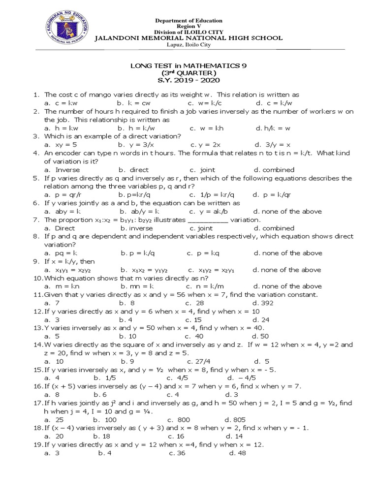LONG TEST IN MATHEMATICS 9 (3RD QUARTER) S.Y. 2019 - 2020 | PDF ...