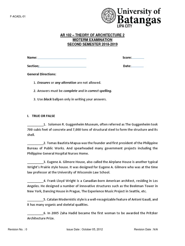 THEORY OF ARCHITECTURE EXAMINATION Test Paper | PDF | Architectural ...