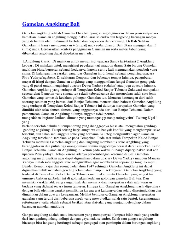 Sejarah dan Fungsi Gamelan Angklung Bali | PDF | Seni