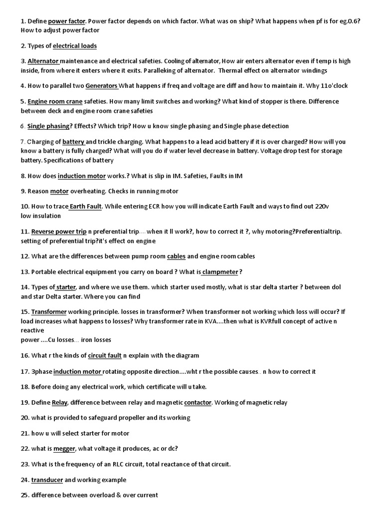 MEO CLASS IV Electrical Oral Questions by MMD Kolkata (2019-2020) | PDF | Electric Motor ...