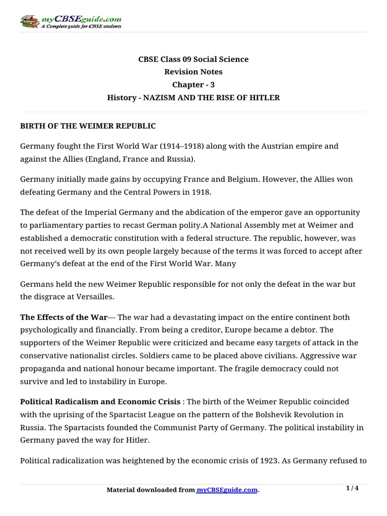 09 Social Science Key Notes History ch3 Nazism and Rise of Hitler PDF ...