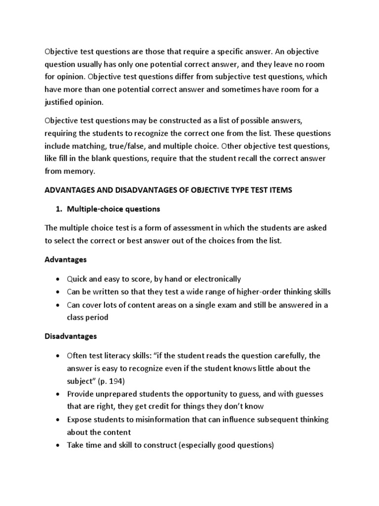 Advantages of Objective Type Tests | PDF | Multiple Choice ...