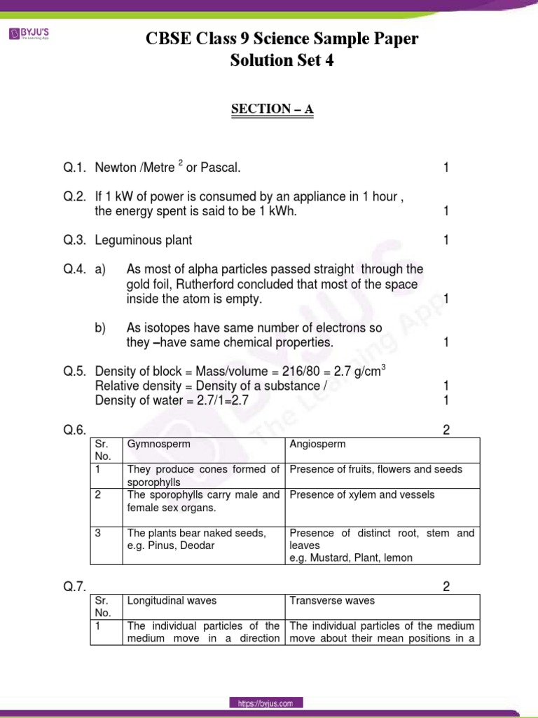 CBSE Class 9 Science Sample Paper Set 4 Solution | PDF | Physics | Nature