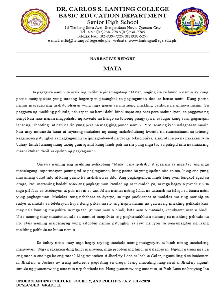 Narrative Report For The Short Film Mata | PDF
