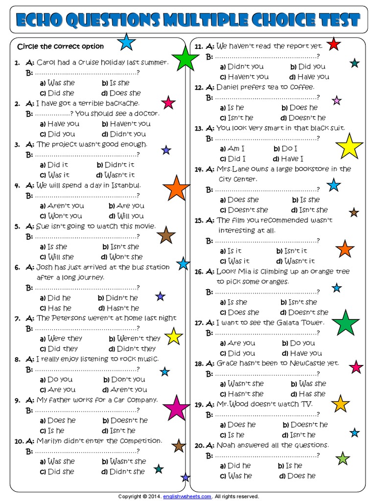Echo Questions Multiple Choice Test Esl Grammar Worksheet | PDF