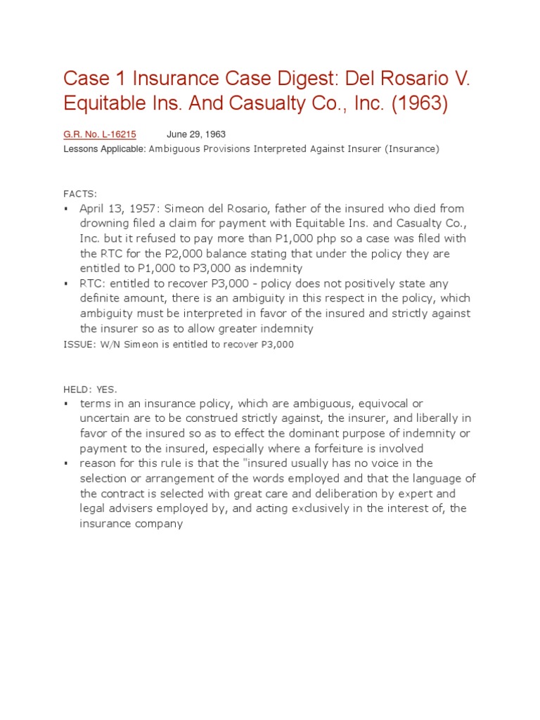 Insurance Case Digest | PDF | Indemnity | Insurance
