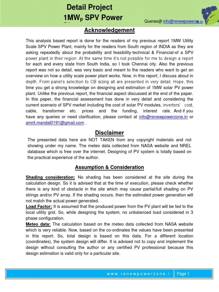 Detail Project Report DPR 1MW Utility Scale Solar PV Power Plant | PDF ...