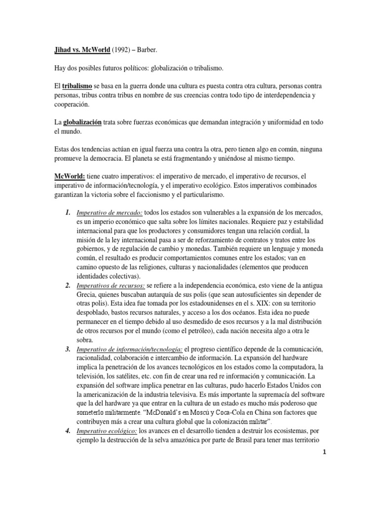 Resumen McWorld vs. Jihad de Barber | PDF | Estado (política) | Democracia